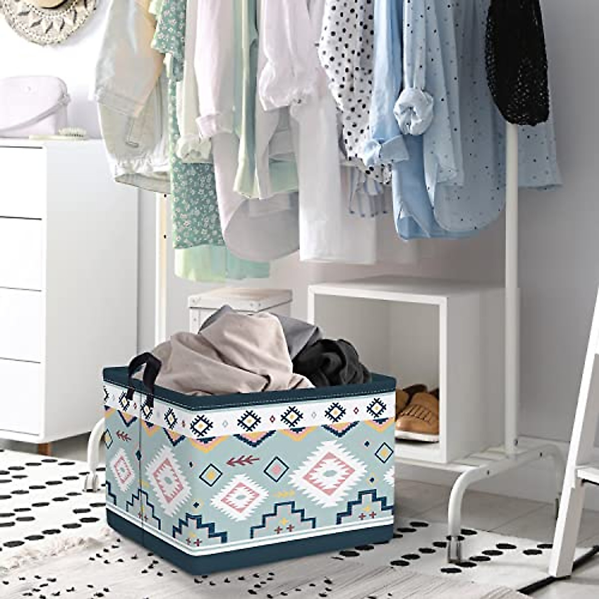 Clastyle Rectangle Blue Boho Clothes Storage Baskets Collapsible Waterproof Geometric Storage Bin for Living Room, 15.7 * 11.8 * 11.8 in