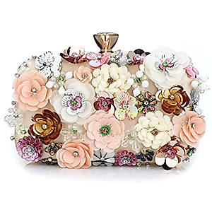 Women's Floral Evening Clutch Bag with Flower Metal Rhinestones for Women Wedding Prom Party 3D Sequins Evening Handbag (Apricot)
