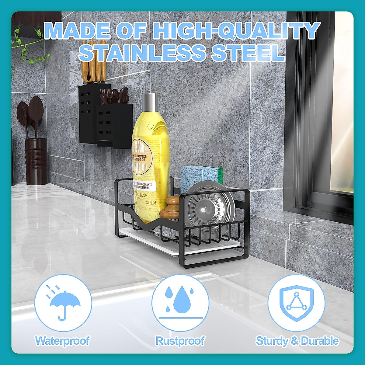 VANTEN Kitchen Sink Caddy Sponge Holder Black Large Sponge Holder for Kitchen Countertop Organizer, Soap Dish Scrubber Holder Tray Storage Kitchen Accessories - Not Include Sponge, Dispenser, Brush