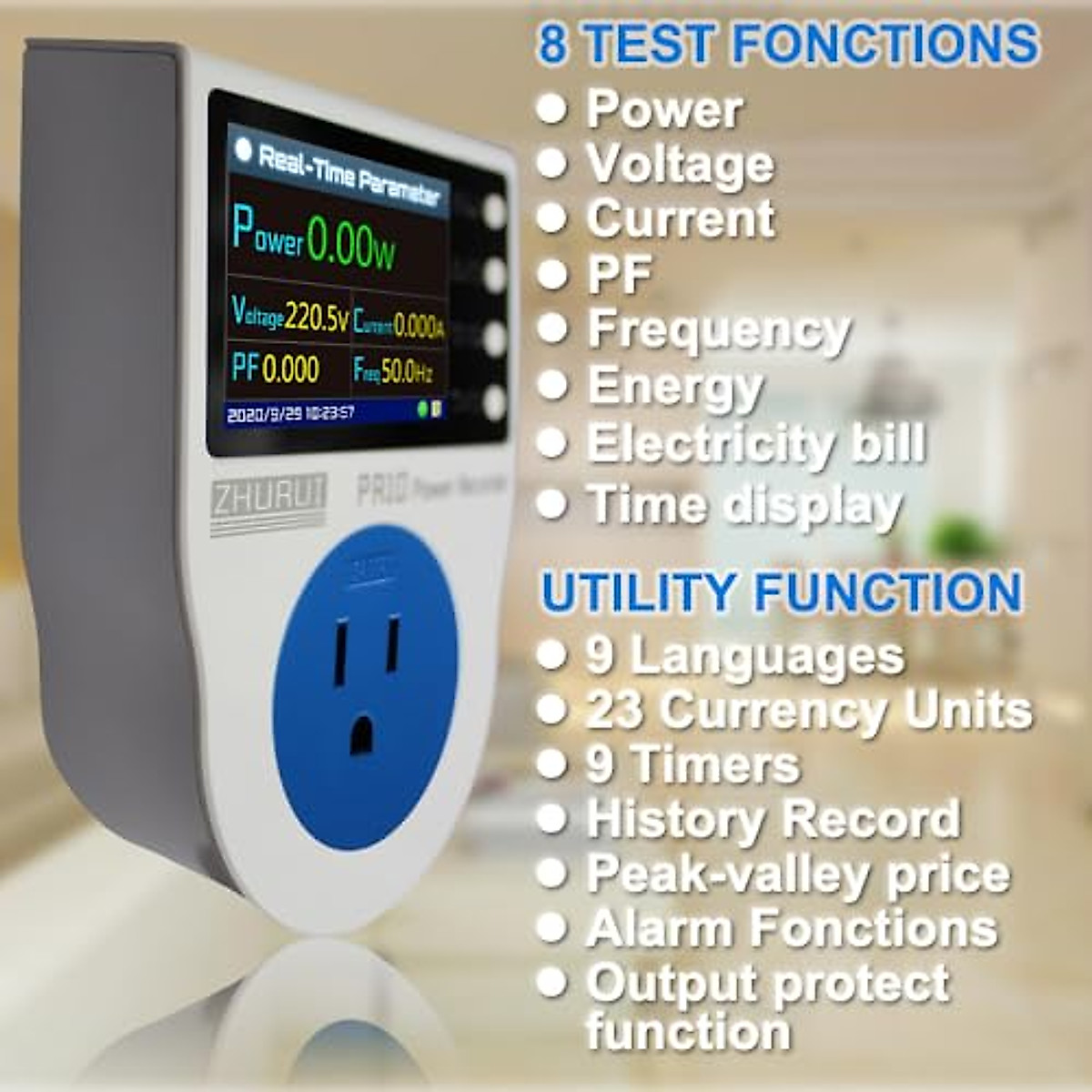 ZHURUI PR10-E US15A Power Meter Plug/Home Power metering Socket/watt Meter/2.4 inch TFT Color LCD/0.5FS(New)
