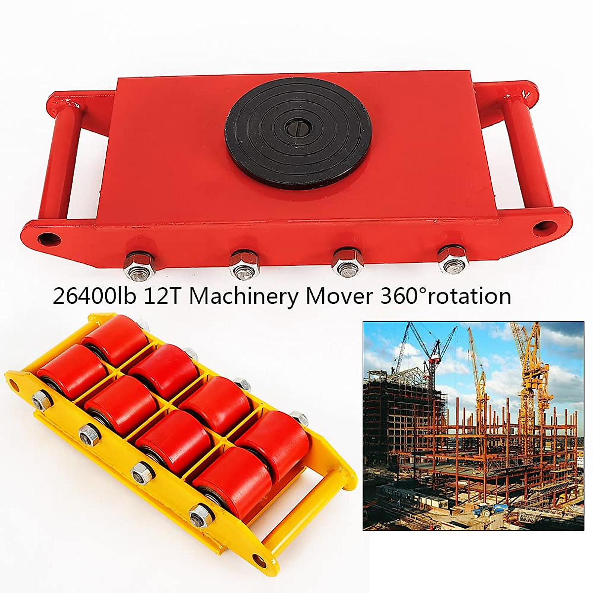 12T Machine Dolly Skate, 26400lbs Machinery Moving Skate, Machinery Mover Skate with 8 Rollen 360° Rotation, Heavy Duty Machine Skate for Industrial Moving Equipment (Red)