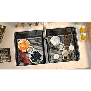 SlimmKISS Kitchen Sink Grid Stainless Steel Sink Protectors, Sink Bottom Grid Sink Racks for for Single or Double Bowl Sink, Corner Radius Sink Grate Rear Drain Hole with Sink Strainer,2pack