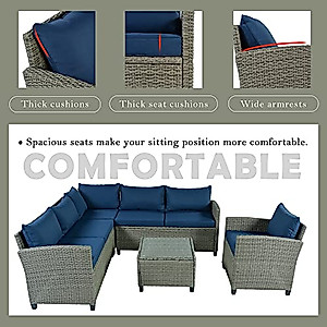 EMKK Outdoor Patio Furniture Conversation Set 5 Pieces All Weather PE Wicker Rattan Sectional Sofa Couch with Cushions and Glass Table for Lawn, Backyard, Garden, C-Blue