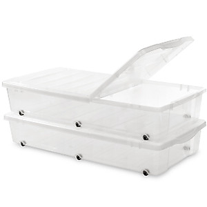 Citylife 2 Packs 57 QT Plastic Under Bed Storage Bins with Double-opening Lids Clear Underbed Storage Containers with Wheels for Organizing Shoes, Blankets, Clothes