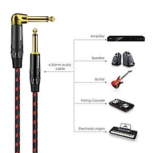 DREMAKE 3 Foot Professional Instrument Cable, Guitar Cable for Speaker Bass Keyboard 1/4" (6.3mm) Straight to Right Angle Inch Cable Black/Red Tweed