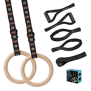 Vulken Wooden Gymnastic Rings with Adjustable Numbered Straps. 1.1'' Olympic Rings for Core Workout and Bodyweight Training. Home Gym Rings 1600lbs with Workout Handles