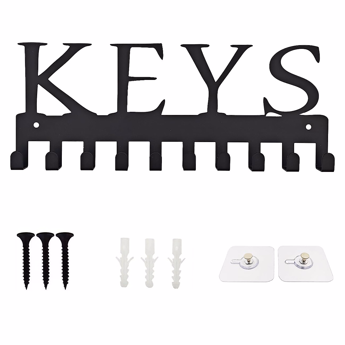 RT&BS Key Hooks for Wall, Key Holder Wall Mounted, Black Metal Hooks for Wall in Entryway Front Door Hallway Bathroom Kitchen, Key Sign 10.2 inches 10 Hooks