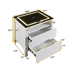 Modern Nightstands with Wireless Charging and Adjustable LED, Wooden End Side Table with 2 Storage Drawers and Open Shelf, Bedside Table for Bedroom Living Room Office, White