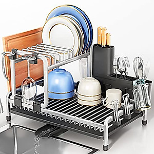 Dish Drying Rack, Aluminum 2-tier Multifunctional 7-in-1 Dish Racks for Kitchen Counter with Drainboard, Rustproof Detachable Large Capacity Dish Drainer with Wine Glass Holder, Utensil&knife Holder