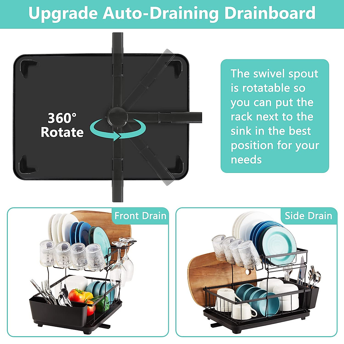 Naturous Large Dish Drying Rack Drainboard Set, Stainless Steel 2 Tier Dish Racks for Kitchen Counter, Detachable Dish Drainer with Utensils Holder, Cutting Board Holder,Cup Holders