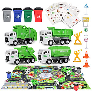 Garbage Truck Toys for Boys, 4 pcs 6" Friction Powered Trash Truck with Kids Playmat Car Rug, 8 pcs Roadblock Signpost, 4 Trash Bins with 108 pcs Trash Cards, Toy Gift for 3+ Years Old Kid