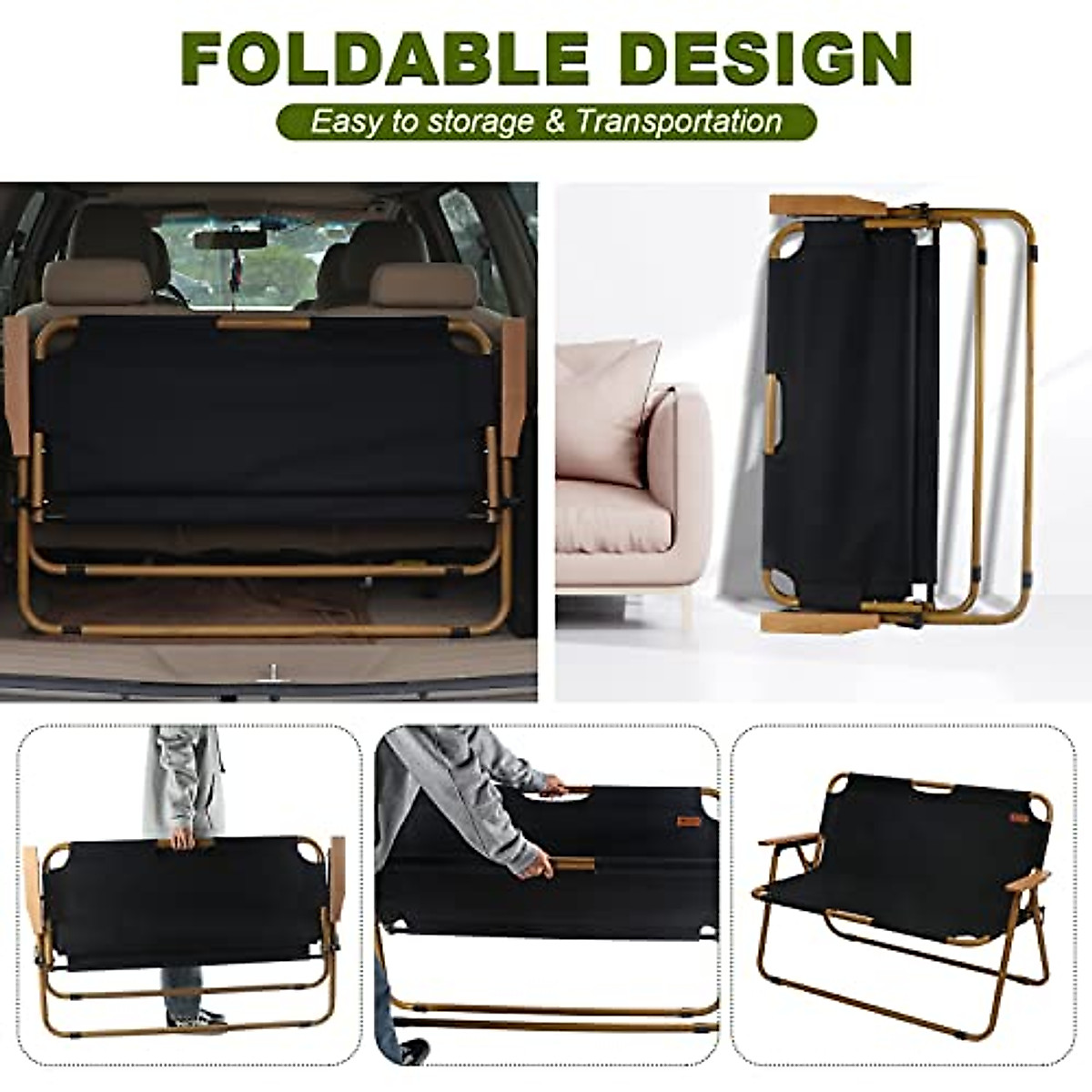 BIGTREE 2-Person Folding Chairs Portable Outdoor Camping Durable Fishing Loveseat Chair for Patio Lawn Picnic BBQ Beach Support 400 lbs - Black