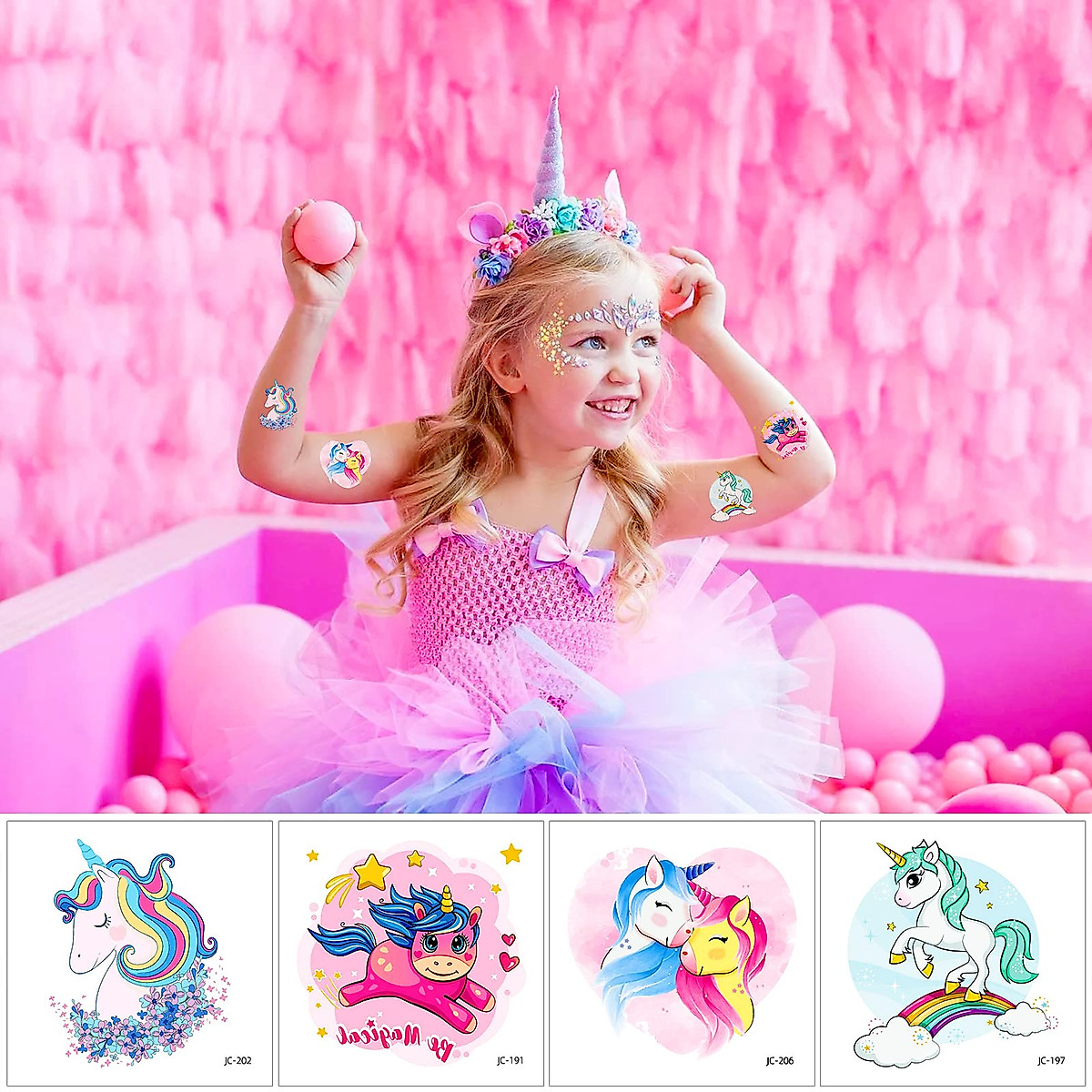 Konsait Temporary Tattoos Kids Party Decorations, 48 Sheets Fake Tattoos Games Gifts for Girls Children's Birthday Party Favors Goodie Bag Fillers Rainbow Party Supply