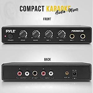 Pyle Compact Karaoke Audio Mixer - Professional Portable Audio Sound Mixer Mic Receiver w/Two Microphone Inputs, RCA, AUX, Mic Level/Music/Echo Controls, for DJ Sound, Home Party & Theater - PDKRMX2M
