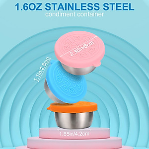 6Pack Salad Dressing Container To Go, 1.6oz Small Condiment Containers with Lids, Reusable Stainless Steel Sauce Cups Containers, Leakproof Silicone Lids for Lunch Bento Box, Picnic and Travel