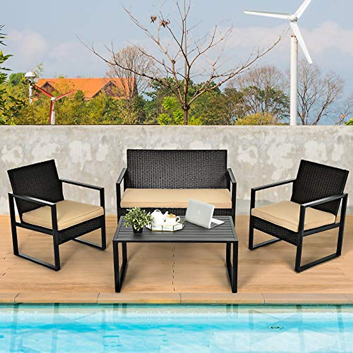 Tangkula 4-Piece Patio Rattan Furniture Set, Outdoor Conversation Set w/Seat Cushions & Coffee Table, Sturdy Metal Frame, Sectional Wicker Sofa Set for Garden, Backyard, Poolside (1, Light Brown)