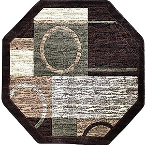 Americana Modern Octagon Contemporary Geometric Area Rug Brown & Green Design 1497 (4 Feet X 4 Feet)