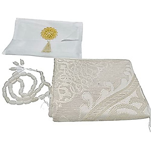 Islamic Prayer Mat, Turkish Prayer Rug with Pouch and Ornament Sealing, Portable Prayer Mat with Handy Pouch, Islamic Carpet Pad Ideal for Travelling (44" x26” with Free Tasbeeh) (White)