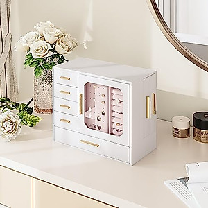 HOOBRO Jewelry Box with Glass Window, Large Capacity Jewelry Organizer, Jewelry Storage, Portable Jewelry Organizer Box, Modern Style, White and Light Gold WT05JB04