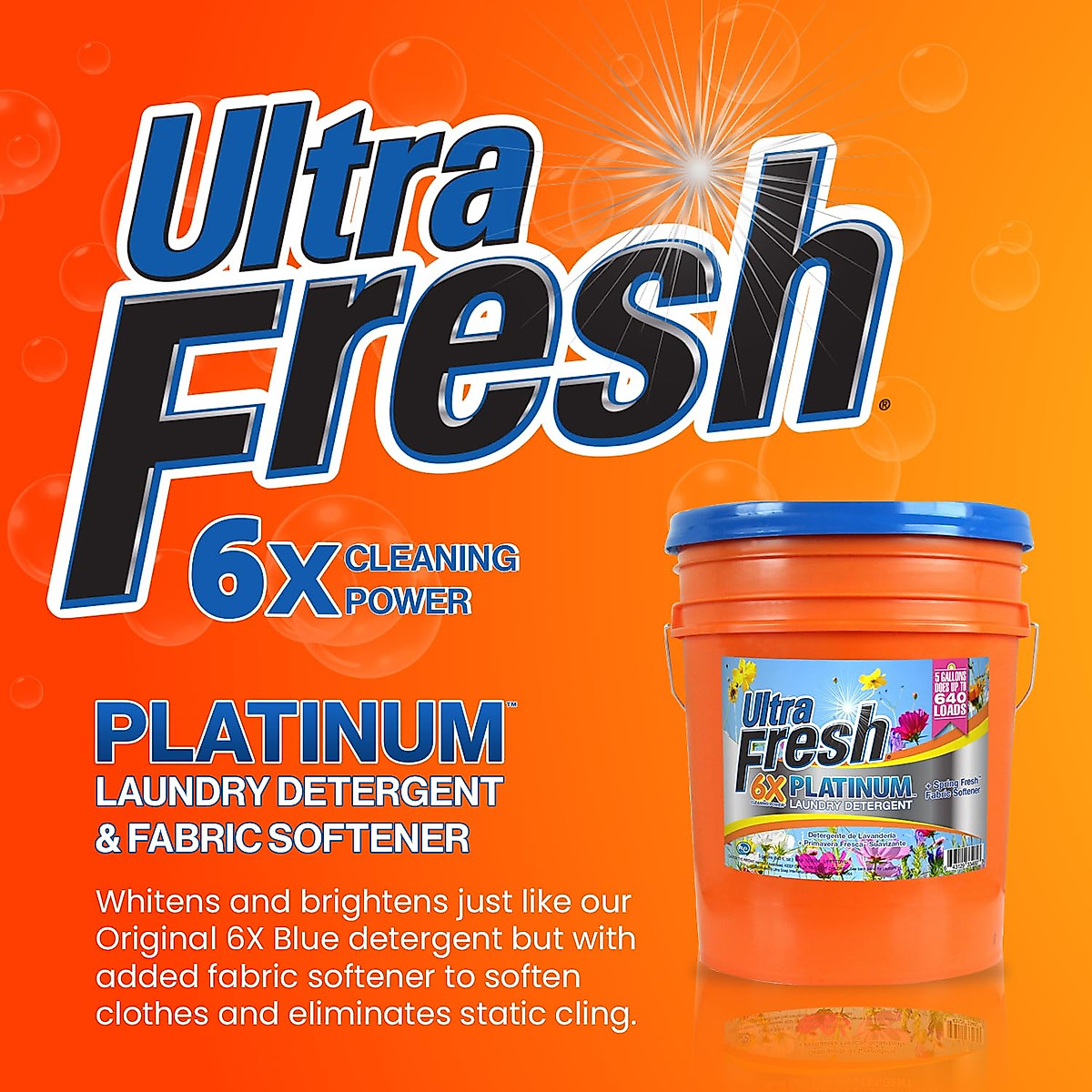 Ultra Fresh 5 Gal Liquid Laundry Detergent Soap & Softener, 6X Platinum, Spring Fresh