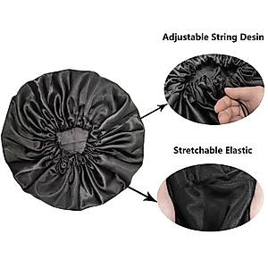Satin Bonnets, Adjustable Satin Bonnets for Women, Double Layer Large Sleeping Silk Bonnet, Soft Sleep Bonnet for Women Girls Curly Natural Hair Night Sleep Cap(Black)