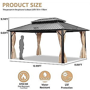 Leisurelife 10'x12' Galvanized Steel Double Roof Hardtop Gazebo with Nettings for Patio Outdoor Backyard Garden or Grill, Heavy Duty Canopy Tent, Aluminum Frame