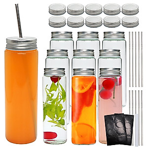 14 OZ Glass Juicing Bottles with Airtight Lids, Reusable Drinking Jars with Straw & Lids with Hole, Glass Water Bottles for Juice, Beverage, Smoothie, Tea, Kombucha, Homemade Drinks (10 Pack)