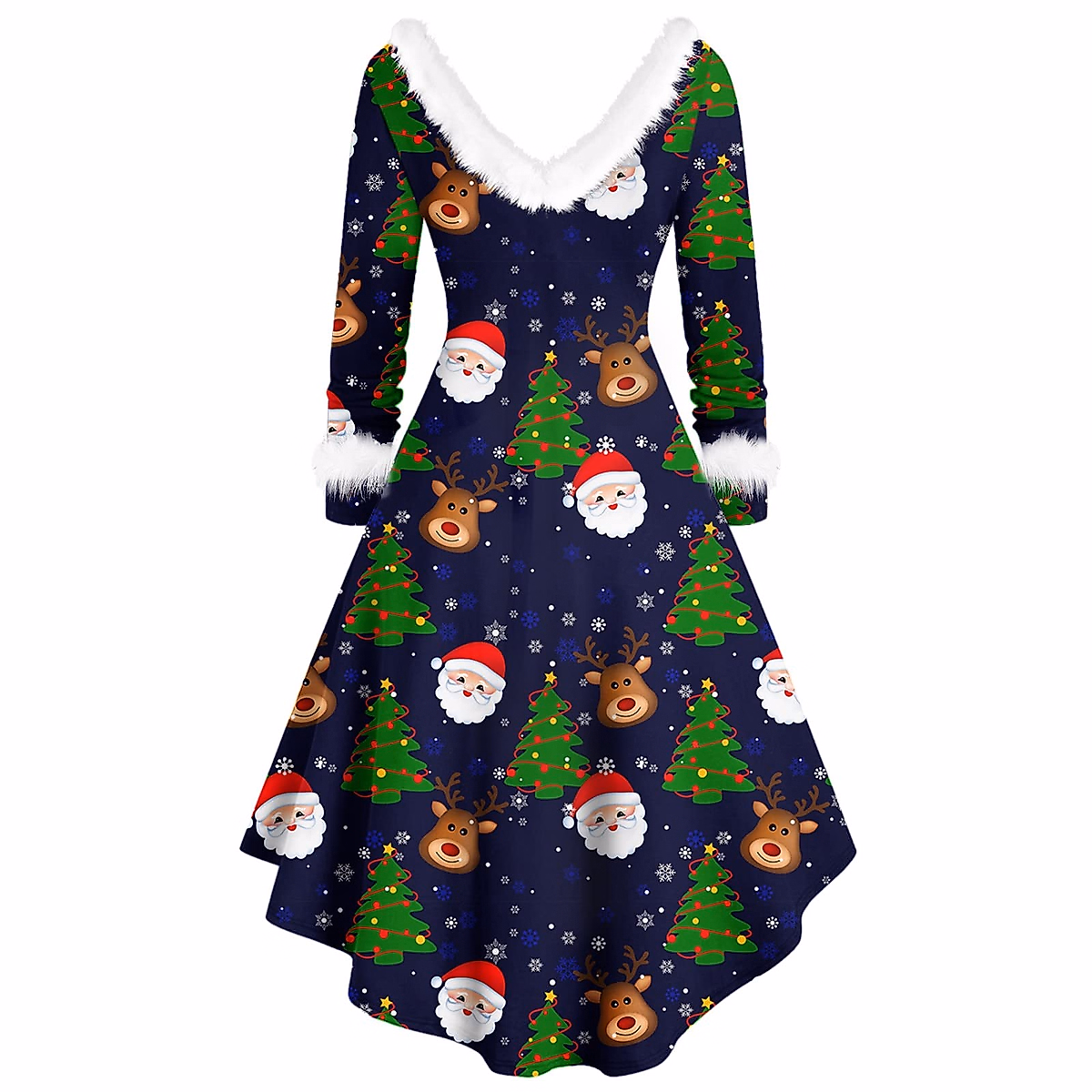 Red Dresses for Women Sexy Santa Christmas Printed Midi Dresses Furry V-Neck A-Line Swing Party Dress Cosplay Costume