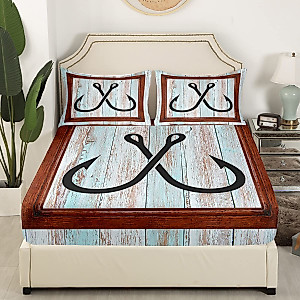Lake House Fishing Theme Kids Fitted Sheet Queen Size,Fish Hook Anchor Nautical Bedding Set,Girls Boys Adults Room Decor,Teal Wooden Plank Rustic Bed Cover,Retro Bed Sheet,2 Pillowcases