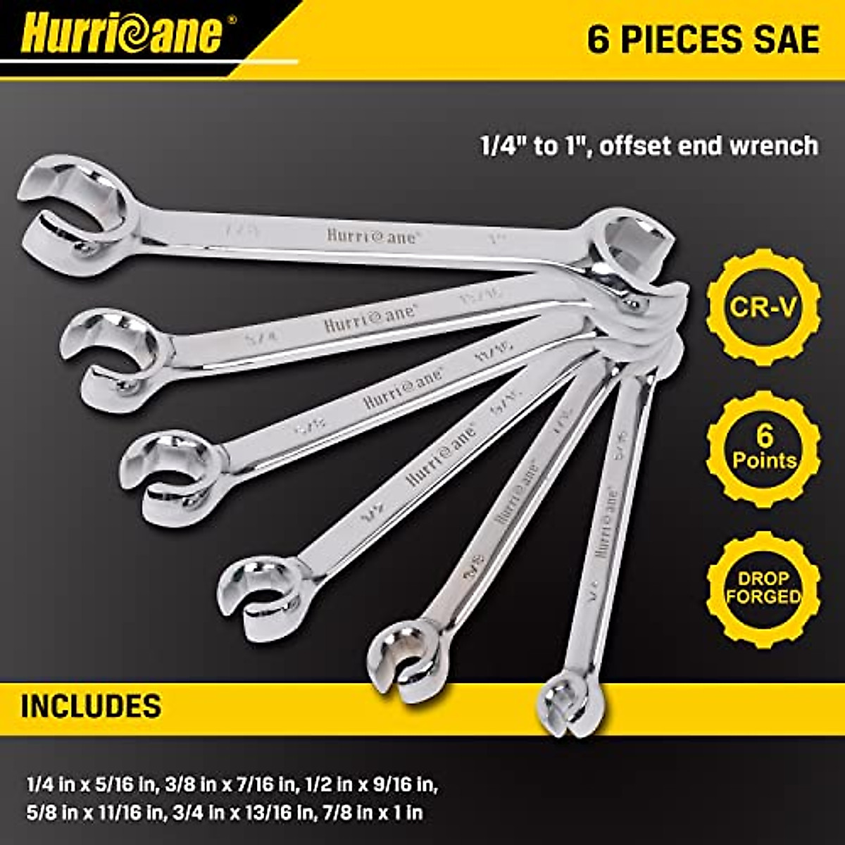 HURRICANE 6 Pc SAE Flare Nut Wrench Set, Brake Line Wrench Set, Size from 1/4" to 1", 6 Point, 15° Offset End, Ideal for Repair and Remove Nuts on Fuel, Tube, Hose, Transmission Lines in Tight Spaces