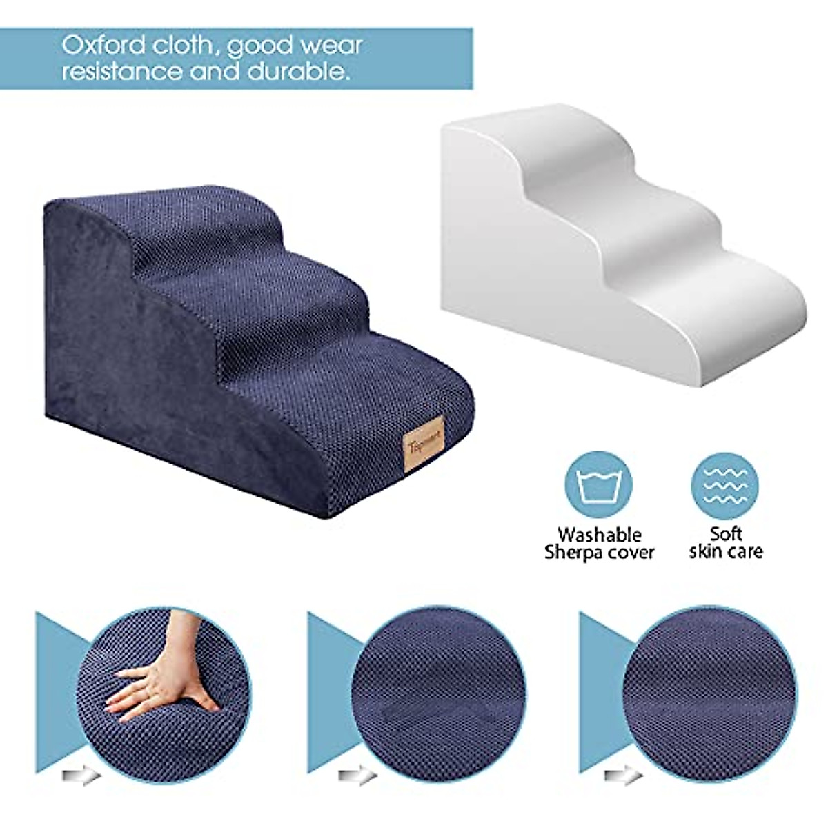 Topmart 3 Tiers Foam Dog Ramps/Steps,Non-Slip Dog Steps,Extra Wide Deep Dog Stairs,High Density Foam Pet Stairs/Ladder,Best for Older Dogs,Cats,Small Pets,with Dog Rope Toy,Blue