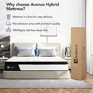 Avenco Twin XL Mattresses 10 Inch, Hybrid Mattress Medium Firm, XL Twin Mattress in a Box with Gel-Infused Memory Foam&Pocketed Springs, Motion Isolation, Breathable Knit Fabric, Strong Edge Support