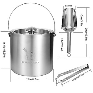 Han Joo Stainless Steel Ice Bucket - 3L Capacity with Lid, Scoop, and Tongs for Cocktails, Wine, Beer, Champagne - Keep Drinks Ice-Cold for Parties, Bars, and Events