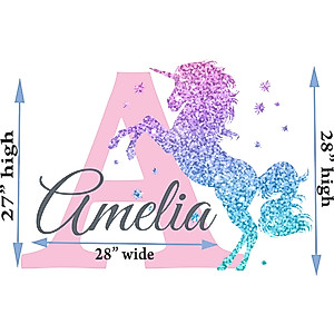 Girls Nursery Glitter Shimmer Sparkle Printed Unicorn Name and Initial Personalized Custom Name Vinyl Wall Decal, Wall Decor Sticker (X-Large)