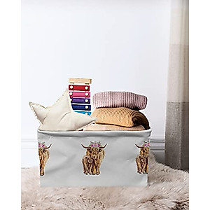 Storage Basket Highland Cattle Yak Cow with Flower Storage Bin with Handles, Animal Art on White Collapsible Organizer Storage Cubes Bins for Closet, Laundry Clothes, Bathroom, Nursery Toys
