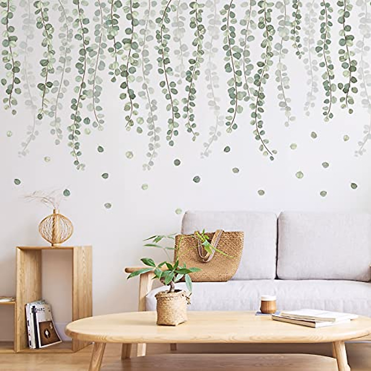 Prabahdak Eucalyptus Wall Stickers Green Leaves Vine Wall Decals Stickers Removable Peel and Stick Wall Art Decor for Sofa Background Living Office Room Baby Bedroom Kitchen Nursery Room Decorations