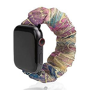 Stylish Gold Mandala Watercolor & Nebula Colorful Compatible for Apple Watch Band 38/40/41mm,42/44/45mm Cloth Pattern Polyester Elastic Women Breathable Scrunchy Bands for IWatch Series SE 8 7 6 5 4 3