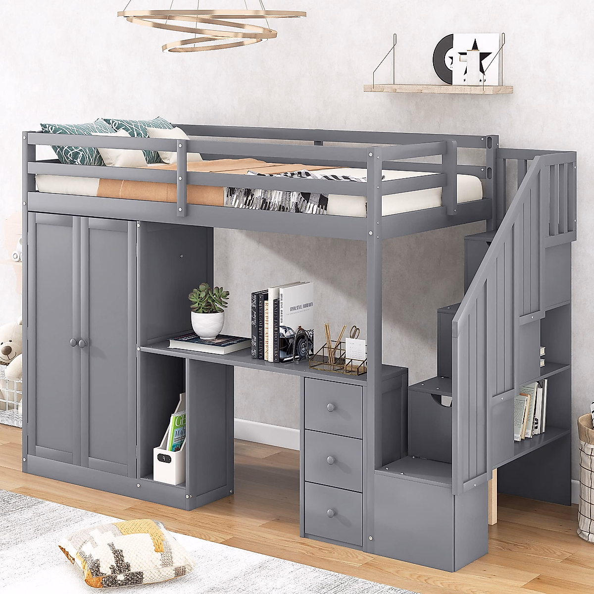 Gray Twin Size Loft Bed with Stairs and Desk, Wooden Twin Loft Bed with Wardrobe and Storage Drawers, High Loft Bed Frame for Kids, Teens, Adults Boys & Girls, Loft Bed Twin with Storage