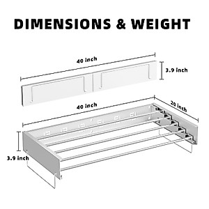 plainshe Laundry Drying Rack Collapsible, Wall Mounted, Clothes Drying Rack, 40" Wide, 16.5 Linear Ft, 5 Aluminum Rods, 60 lb Capacity, Laundry Racks for Drying Clothes with Wall Template