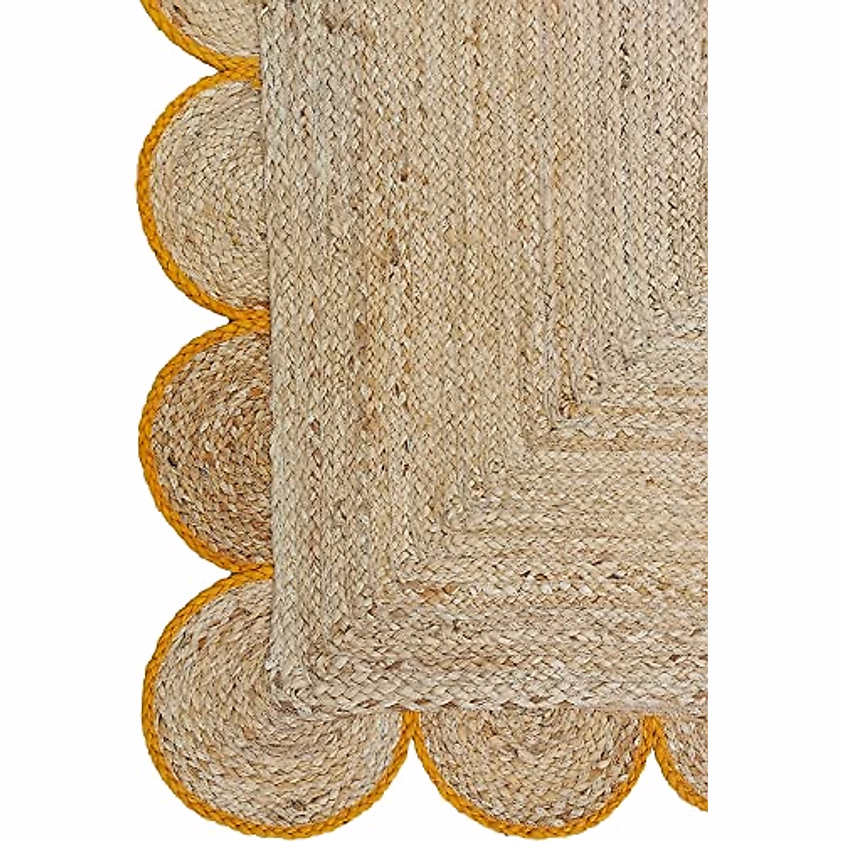 THE PIKKU INTERNATIONAL - Handmade Jute Rug Beige with Scallop Yellow Border Rectangle Hand Woven Farmhouse Jute Area Rug (7 x 11 ft)