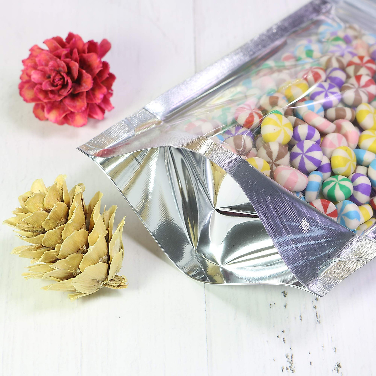 QQ Studio 100 Bags Food Safe QuickQlick™ Stand Up Bag with Single Sided Window and Heat Seal (5.5" x 7.9", Clear/Silver/Silver)