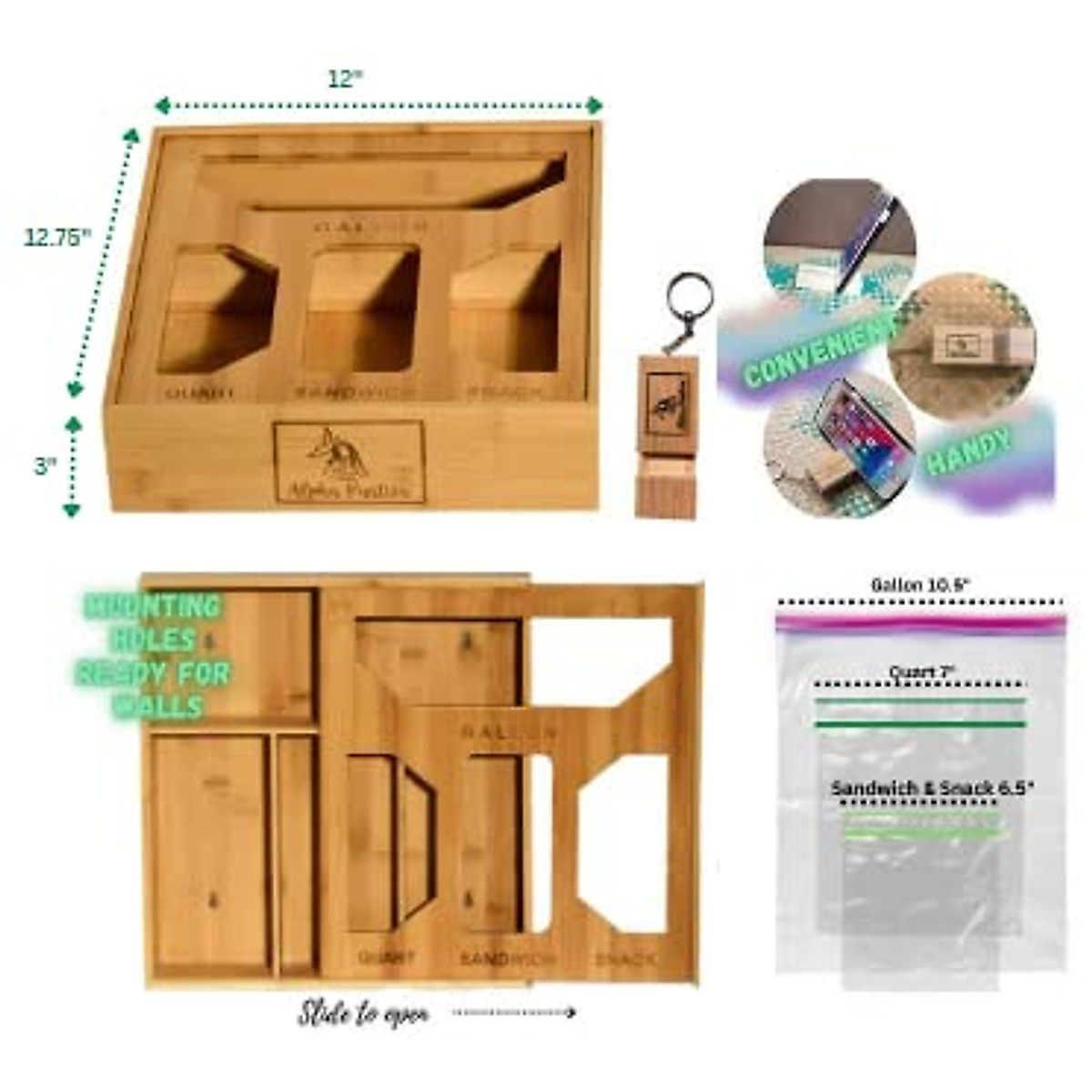Alpha Kurtisa Bamboo Ziplock Bag Organizer for Kitchen-Walls-Drawers-Can fit Ziplock bags like Gallon-Snack-Sandwich-Quart. Includes Keyholder with Cellphone stand (Natural)