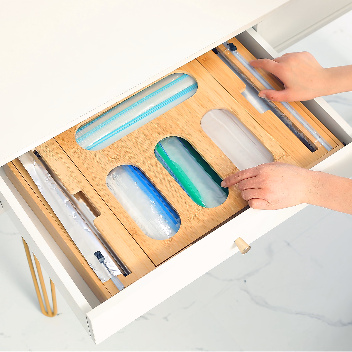 IK Innovations Bamboo Ziplock Bag Organizer for Drawer 7-In-1 Expandable Foil and Plastic Wrap Organizer 12” With Baggie Holder | Ziplock Bag Storage Organizer for Gallon Quart Sandwich Snack Bags