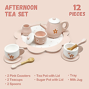 Wooden Afternoon Tea Set Toys for Toddlers Realistic Teapot Cups Carrying Tray Scoops Pretend Play Learning Role Play 12 pcs Pink Gift for Kids