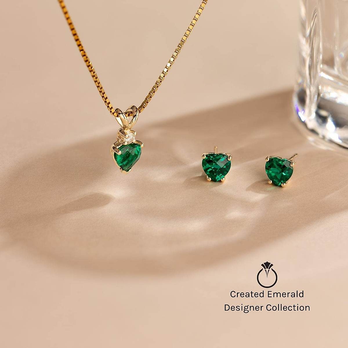 PEORA 14K Yellow Gold Created Emerald with Genuine Diamond Pendant for Women, Elegant Teardrop Solitaire, Pear Shape, 10x7mm, 1.75 Carats total