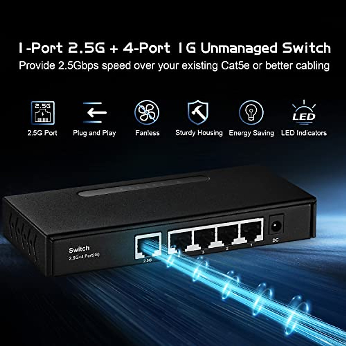 Binardat 5 Port Multi Gigabit Switch, 1 x 2.5 Gigabit and 4 x 1 Gigabit Ethernet RJ-45 Ports, Metal Fanless, Desktop and Wall Mount, Unmanaged Plug & Play Network Switch