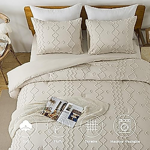 Andency Beige Tufted Comforter Set King(104x90Inch), 3 Pieces(1 Boho Comforter, 2 Pillowcases) Textured Farmhouse Comforter, Soft Microfiber Down Alternative Geometric Comforter Bedding Set