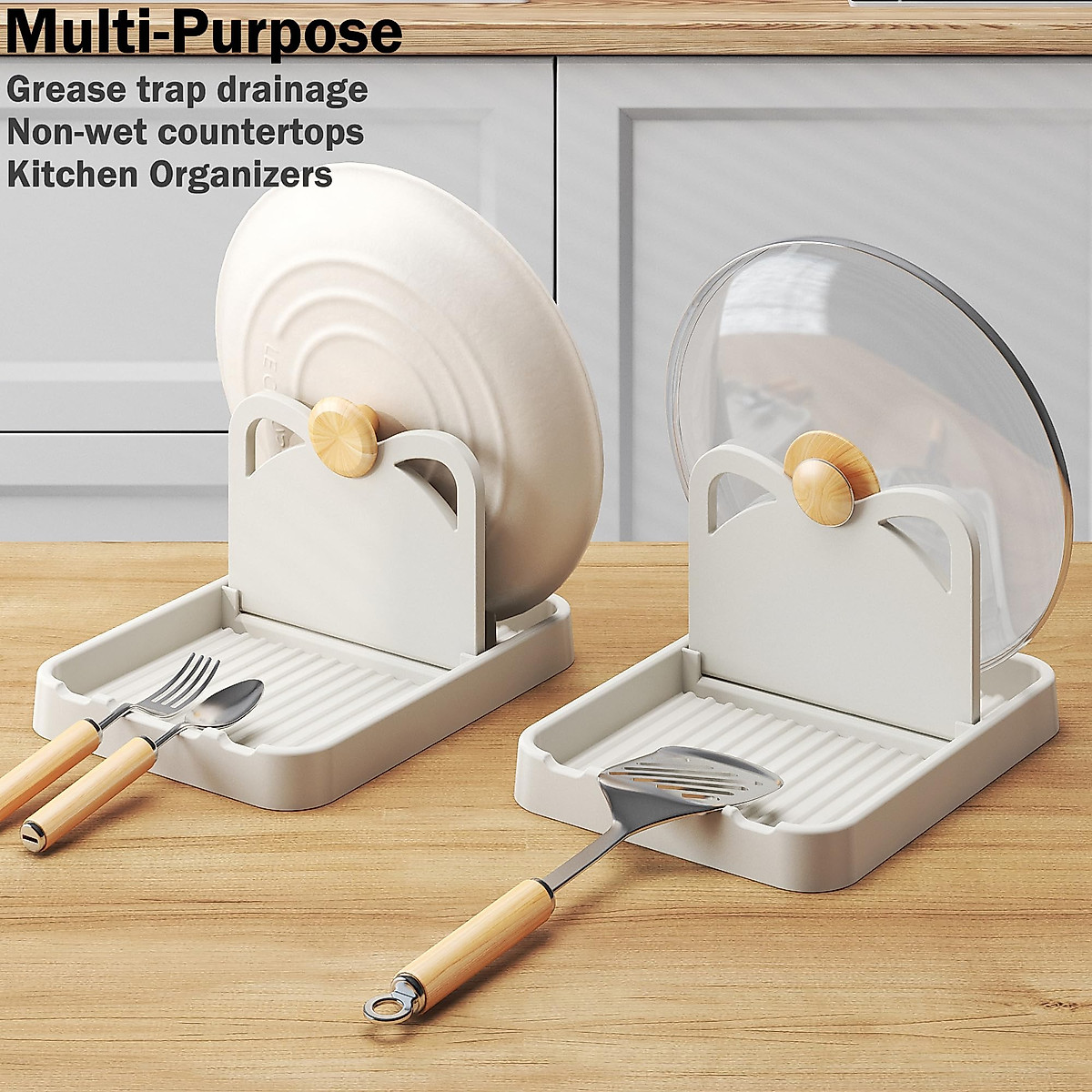 H&W 2Pcs Spoon Rest with Lid Holder,Foldable Spoon Holder for Kitchen Counter,Cat Pot Lid Holder for Spoons,Pot Lids,Spatulas,Utensils,Forks(2pcs Black)