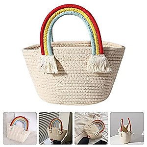 LUOZZY Woven Basket with Rainbow Handle Portable Storage Basket Handbag with Tassel for Woman