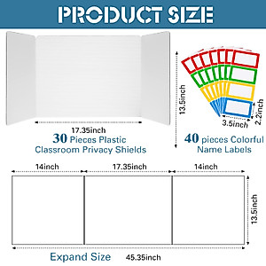 Classroom Privacy Boards for Student Desks Plastic Folders Shields Test Dividers with 40 Pieces Colorful Name Labels for School Study Reduces Distractions 14 x 17.5 x 14 Inch, White (30 Pieces)